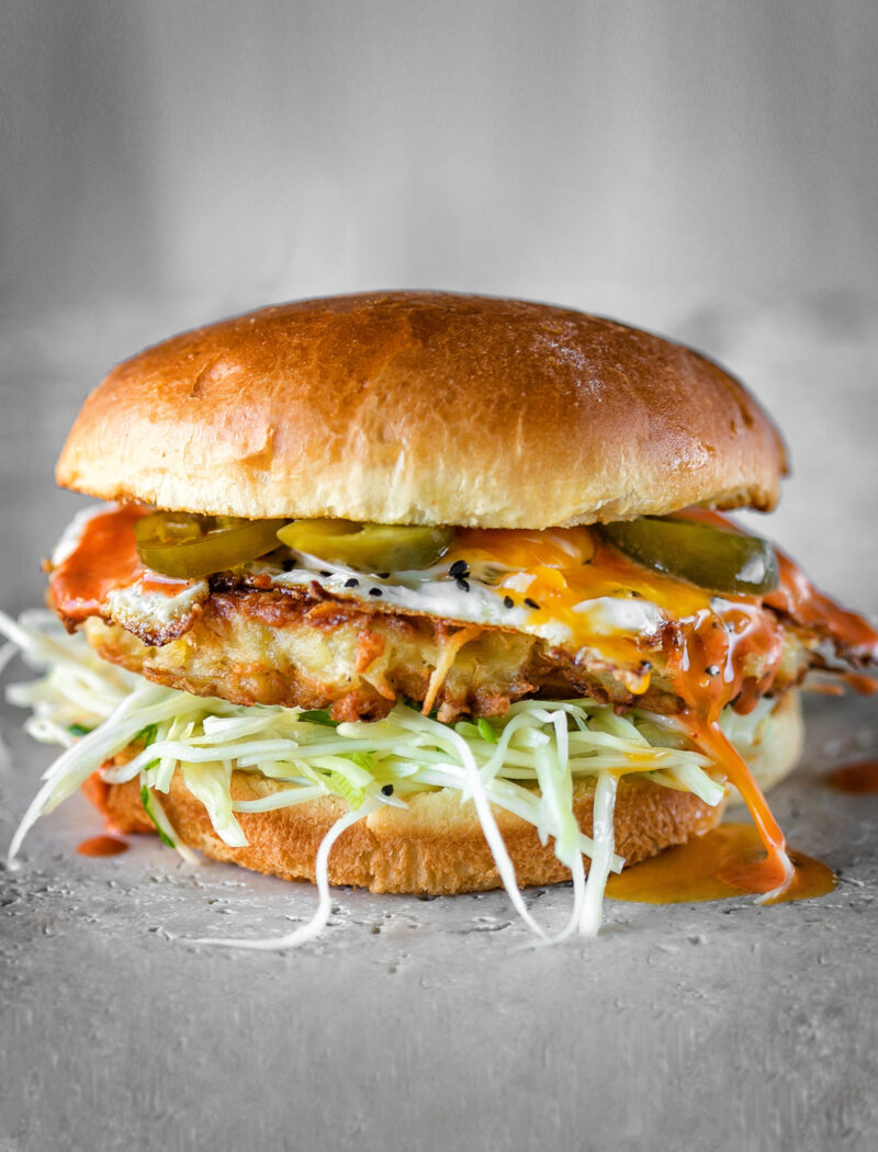 Potato Rosti Burger with Korean Chilli Mayo - Fresh kraut and a fried egg
