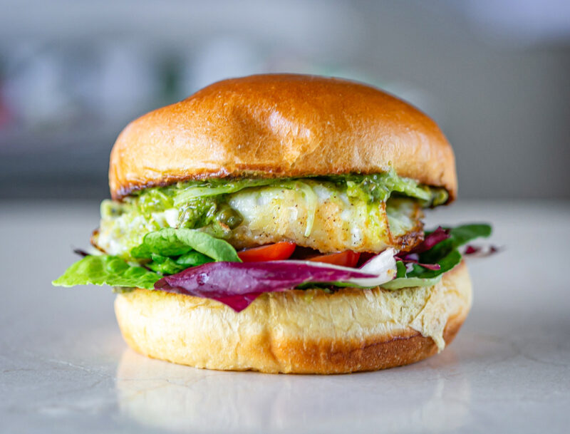 Parmesan Fried Egg Pesto Burger - Basil Pesto and Caper Mayo