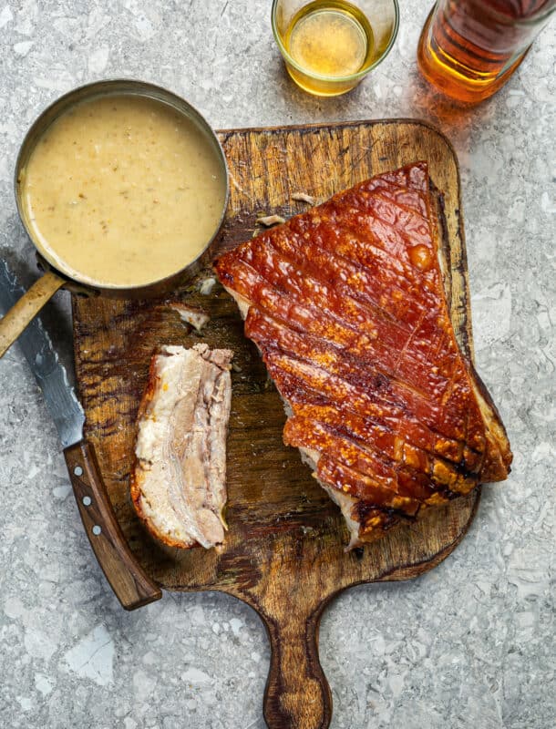 Pork Belly with Spiced Apple Whiskey Sauce - perfect crispy skin