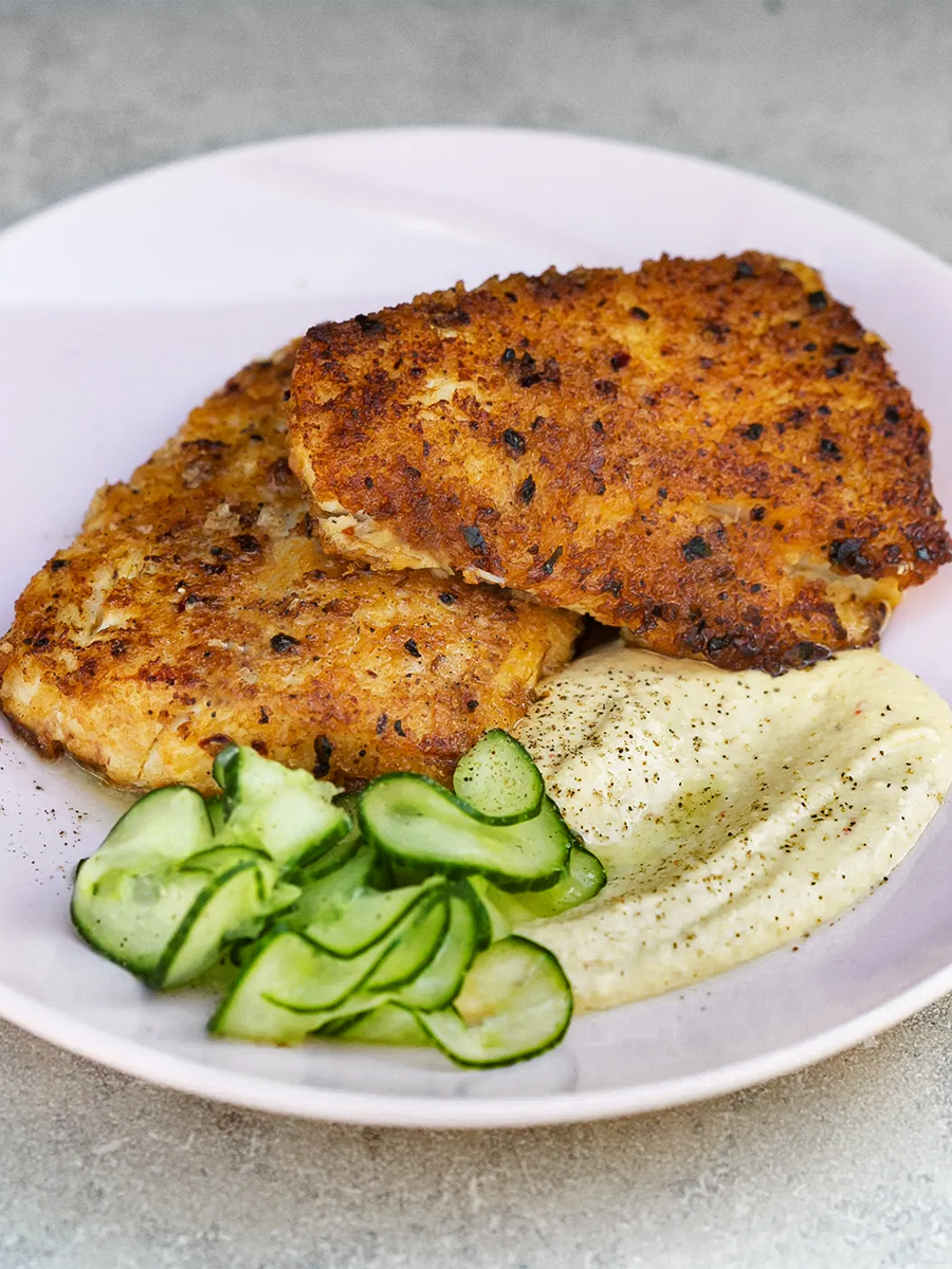 Harissa Crumbed Fish with Hummus - and Cucumber Salad